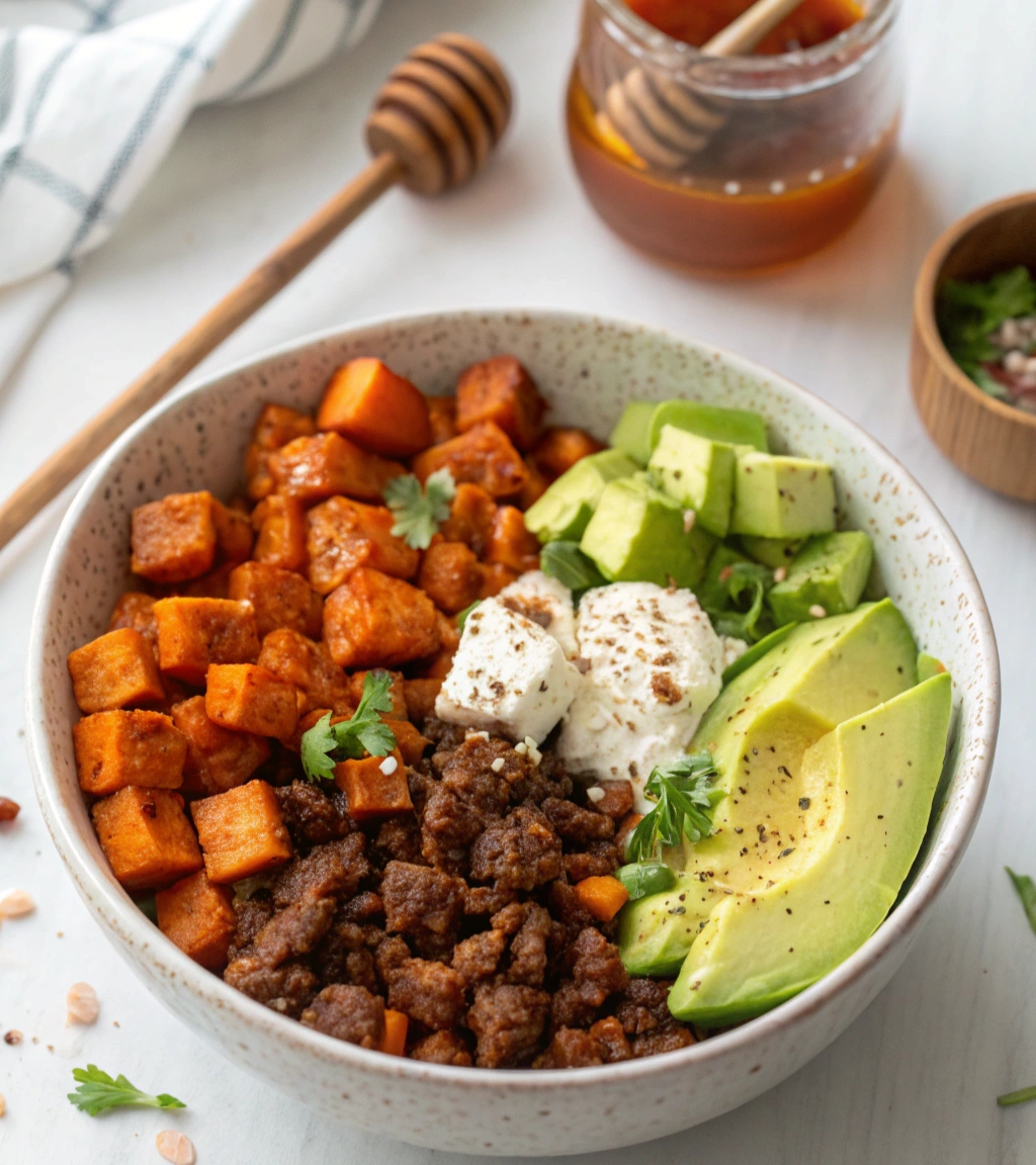 Hot Honey Bowl med Søtpotet, Tacokrydret Kjøttdeig og Cottage Cheese ...